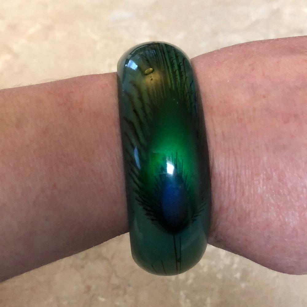 Vintage Big Green & Blue Peacock Feather Bangle Brace… - Gem